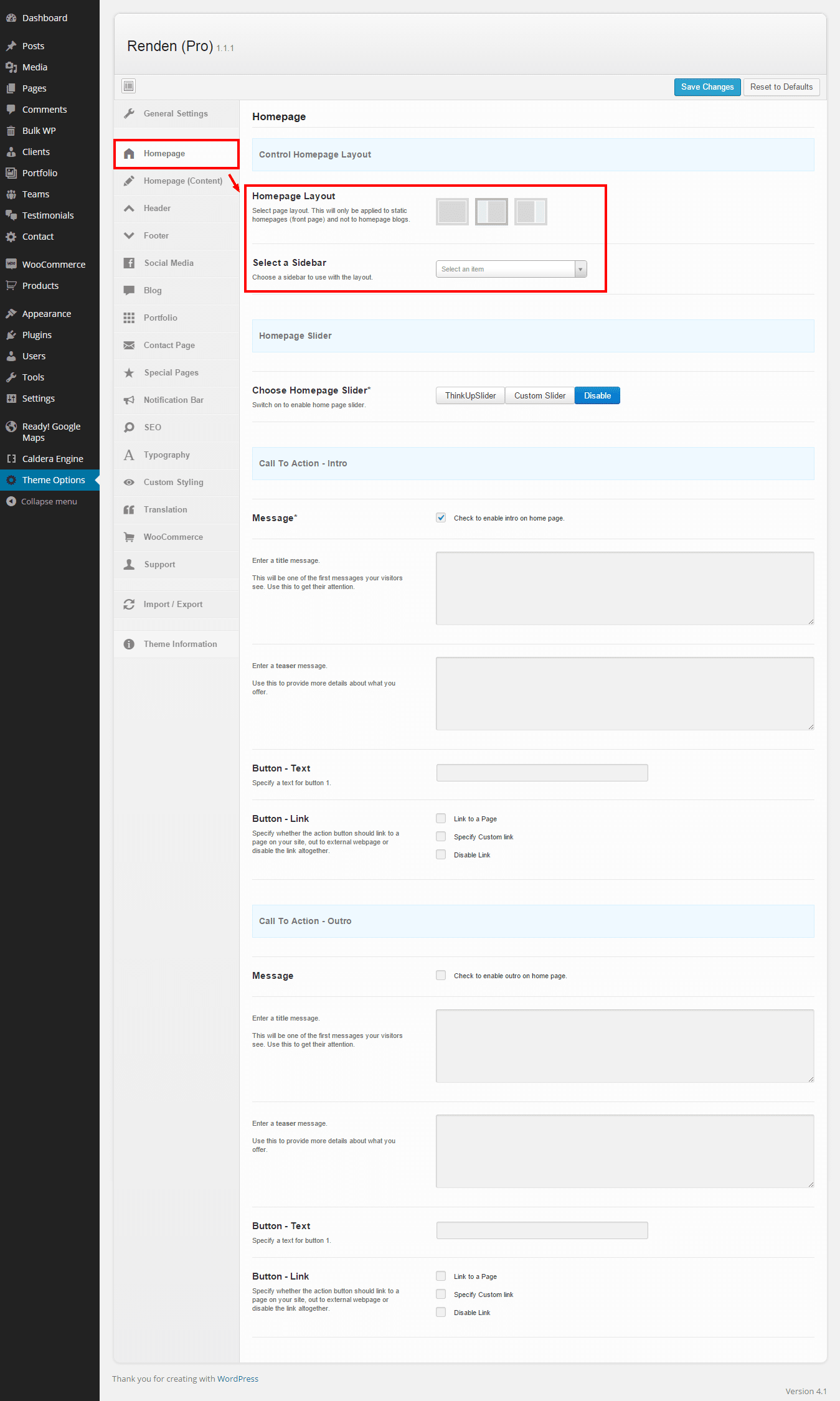 Change Homepage Layout - Think Up Themes
